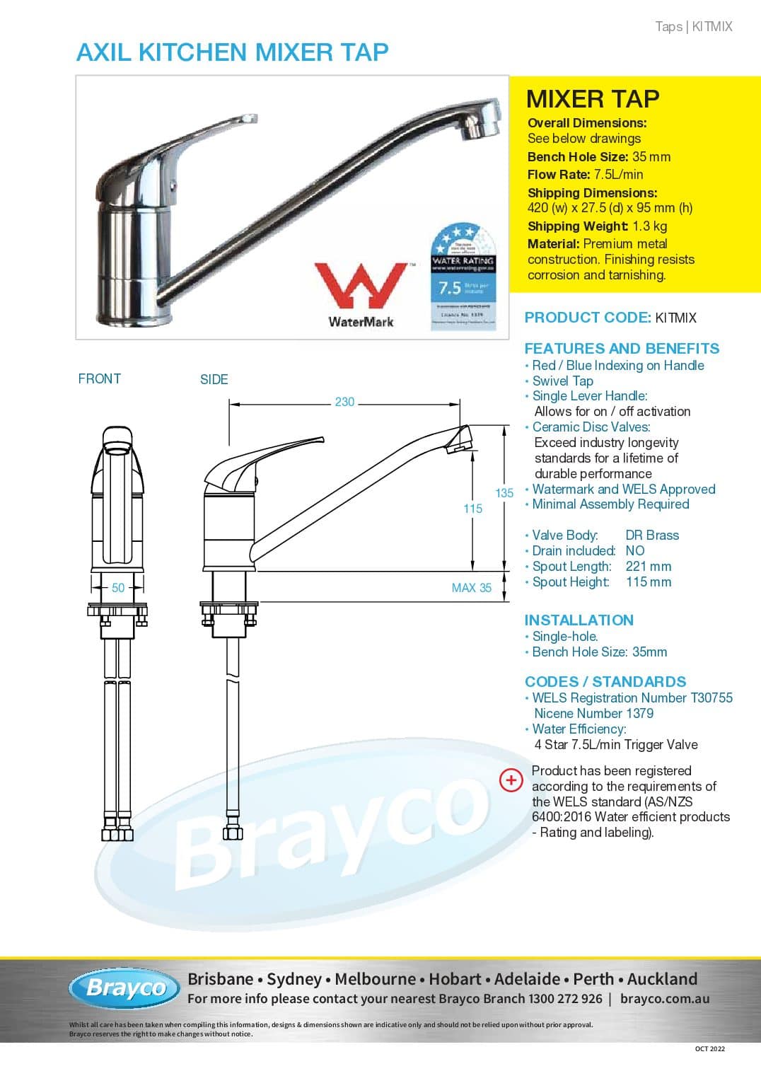 Axil Kitchen Mixer Tap - Brayco Commercial Pty Ltd