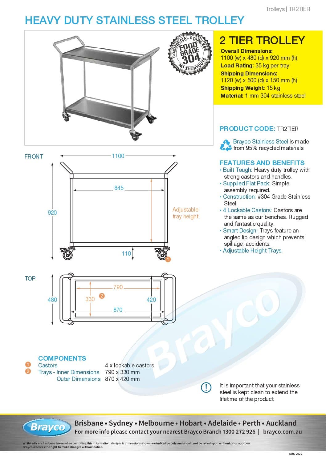 Heavy Duty Stainless Catering Trolley - Brayco Commercial Pty Ltd
