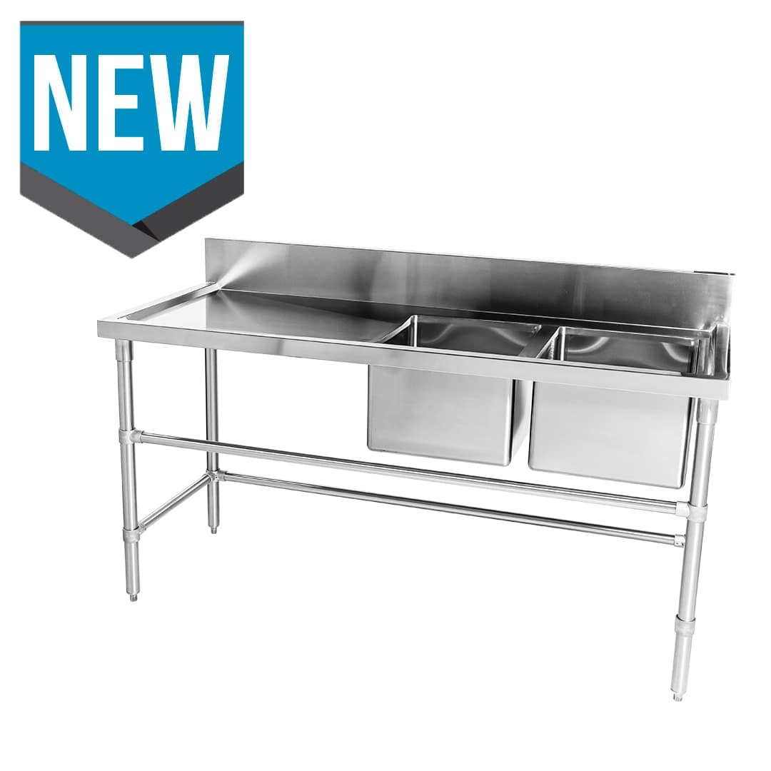 Double Bowl Stainless Steel Commercial Sink - Left Bench, 1700 x 700 x ...