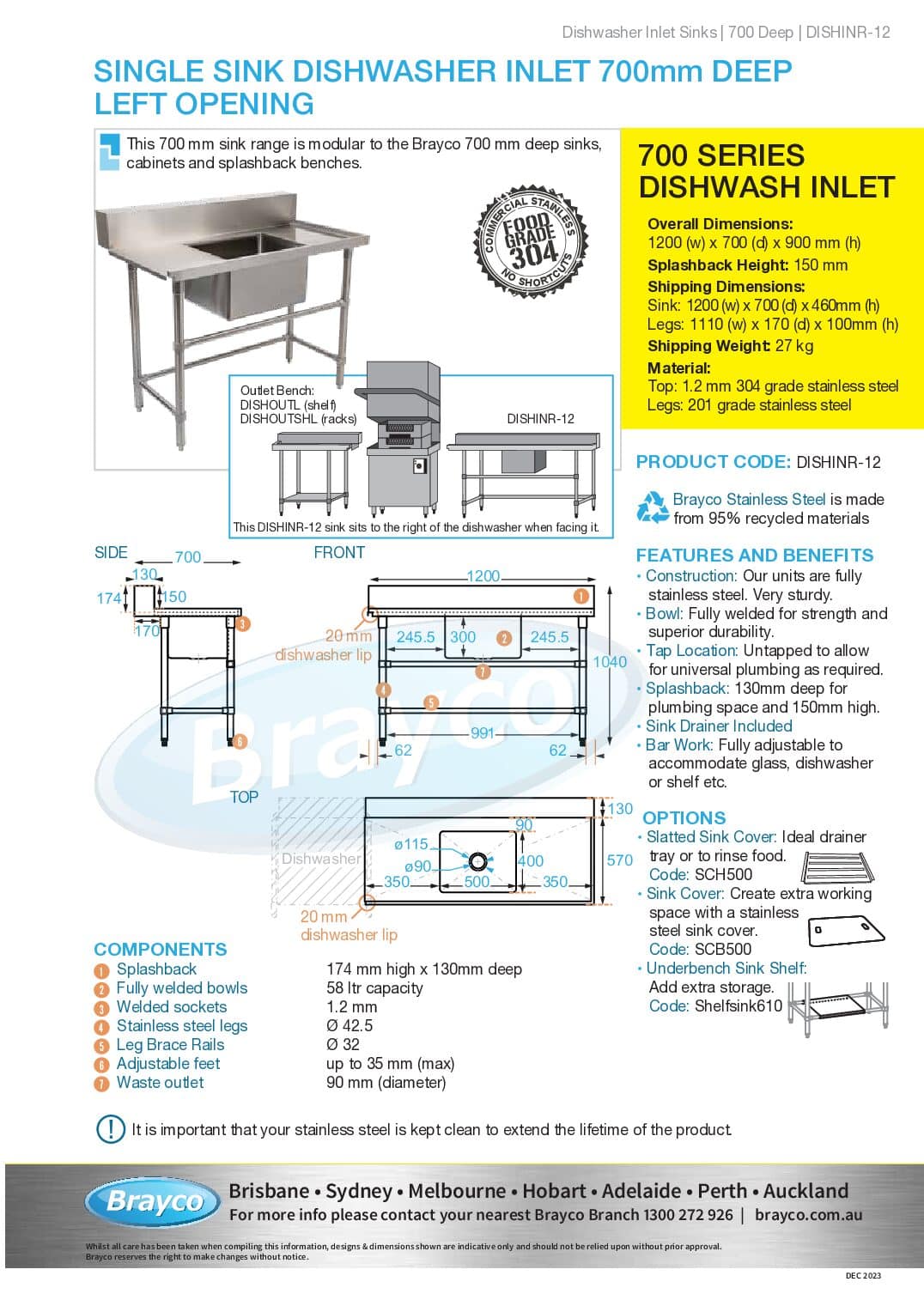 Stainless Dishwasher Inlet Bench, Right Configuration. 1200 x 700 x ...