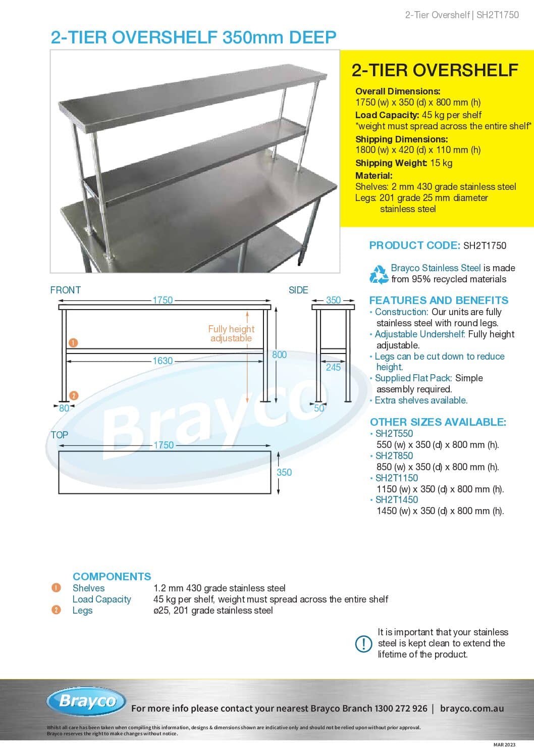 Stainless Steel Over Bench Shelf 2-Tier, 1750 X 350mm - Brayco ...