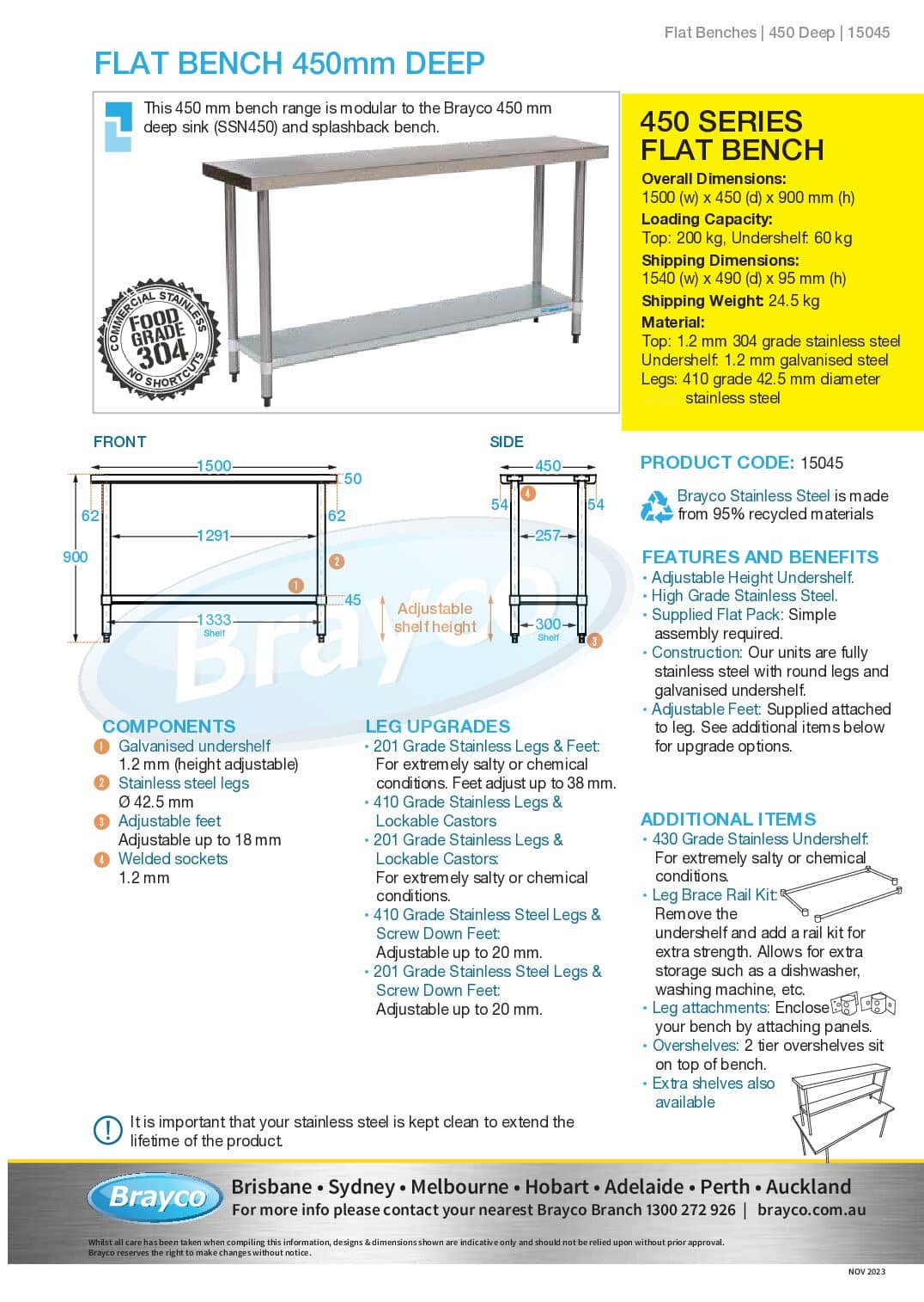 Commercial 304 Grade Stainless Steel Flat Bench 1500 x 450 x 900mm high ...