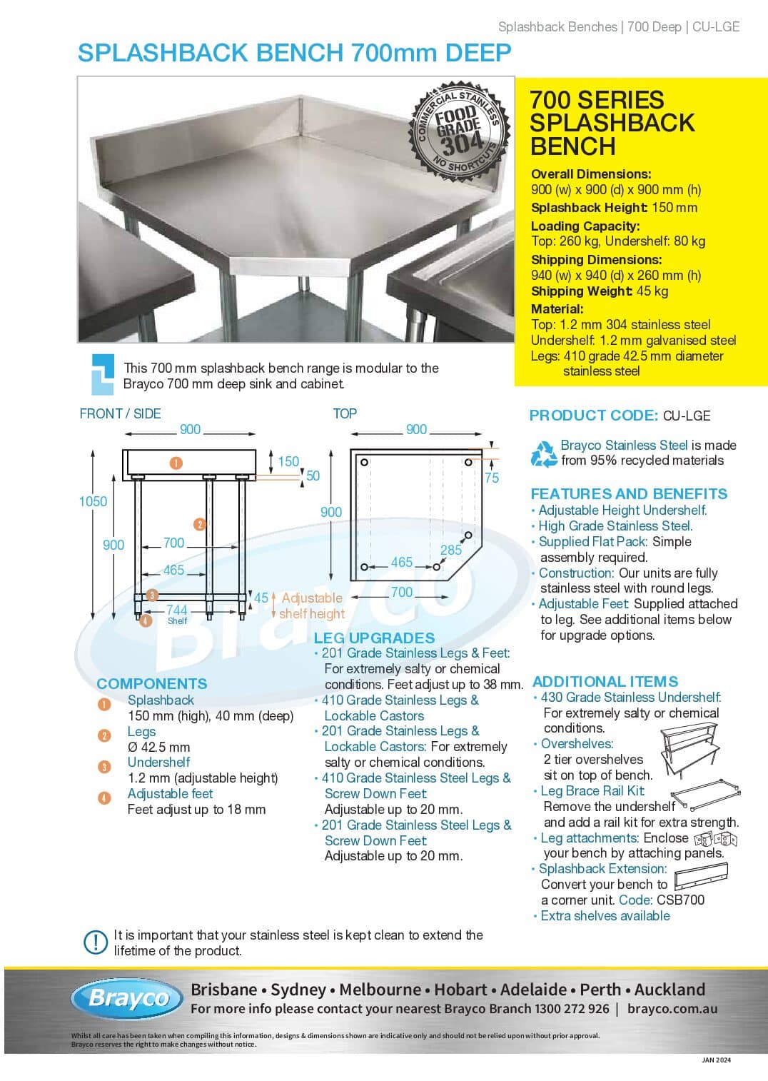 Commercial 304 Grade Stainless Steel Corner 900mm Splashback Bench, 900 ...