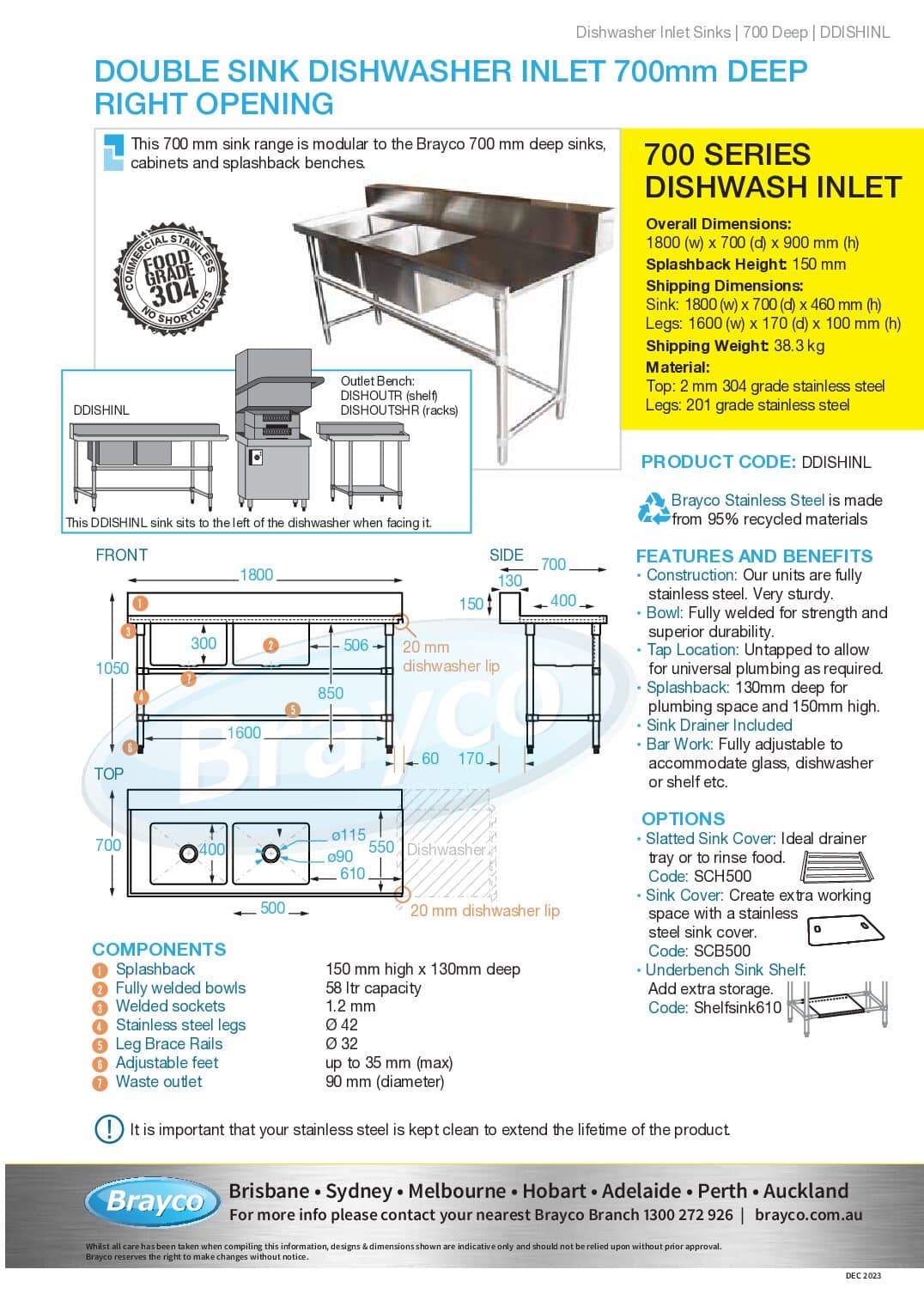 Stainless Double Sink Dishwasher Inlet Bench, Left Configuration 1800 x ...
