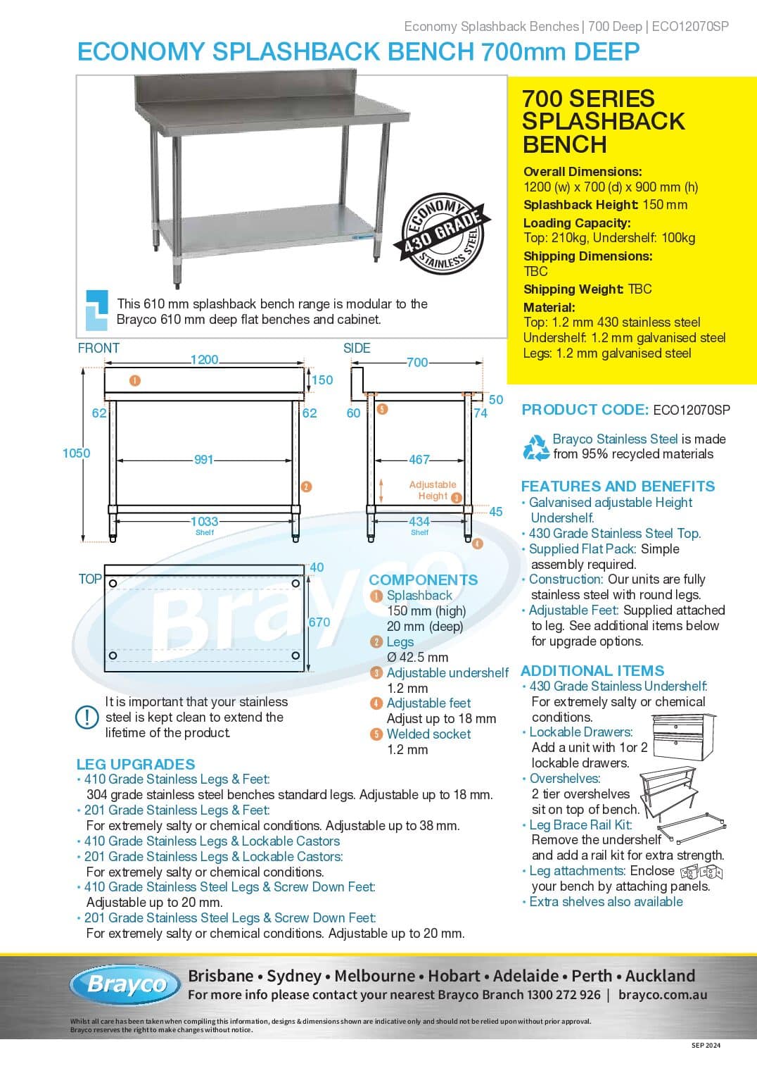 Economy 430 Grade Stainless Steel Splashback Bench, 1200 x 700 x 900mm ...