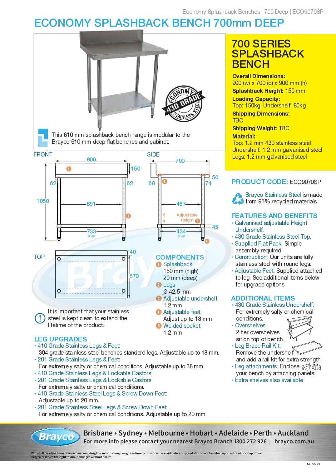 Economy 430 Grade Stainless Steel Splashback Bench, 900 x 700 x 900mm ...