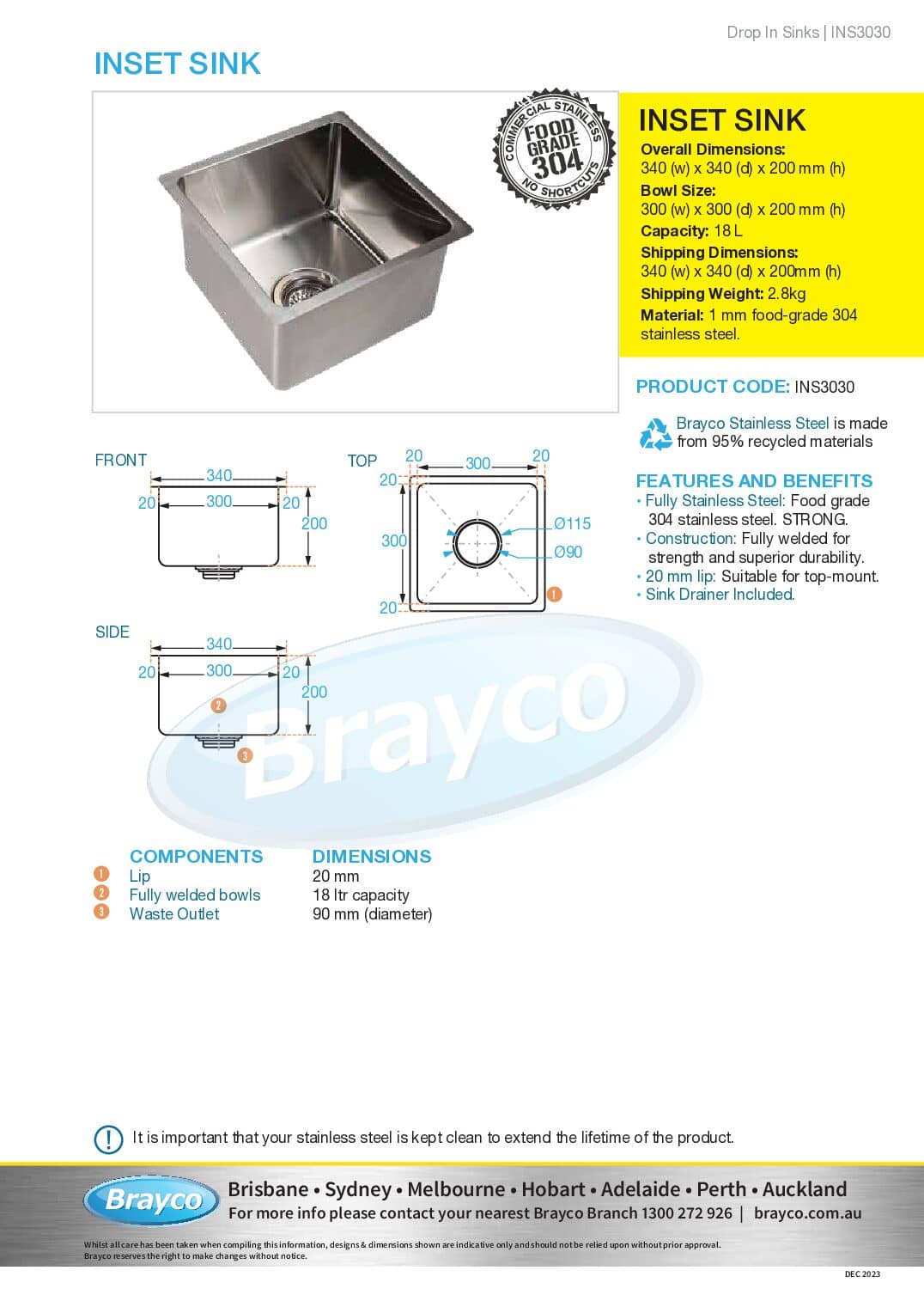 Inset Bowl Stainless Steel 18Lt 300 x 300mm sink - Brayco Commercial ...