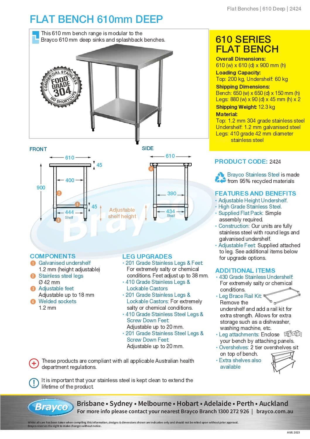 Commercial 304 Grade Stainless Steel Flat Bench, 610 x 610 x 900mm high ...