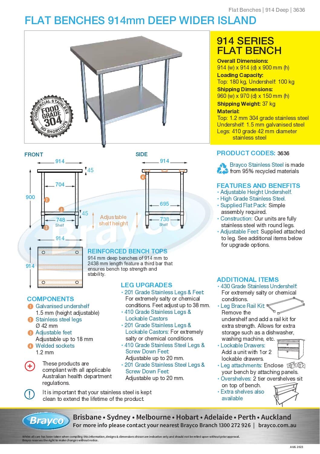 Commercial 304 Grade Stainless Steel Bench, 914 x 914 x 900mm high ...