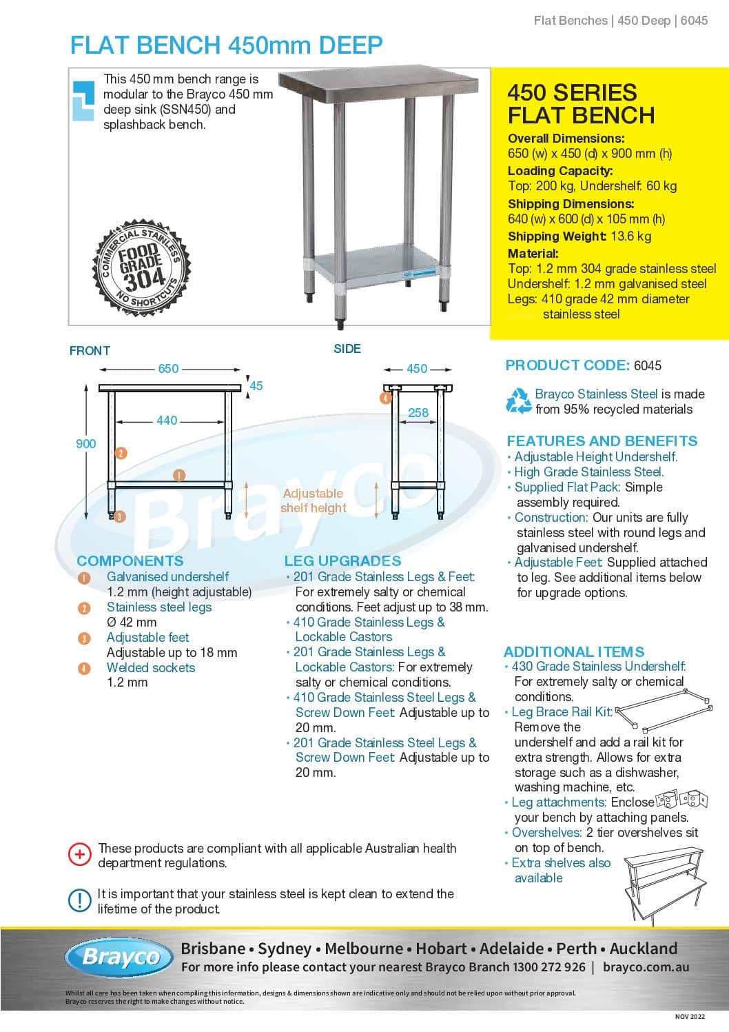Commercial Grade Stainless Steel Flat Bench 600 x 450 x 900mm high ...