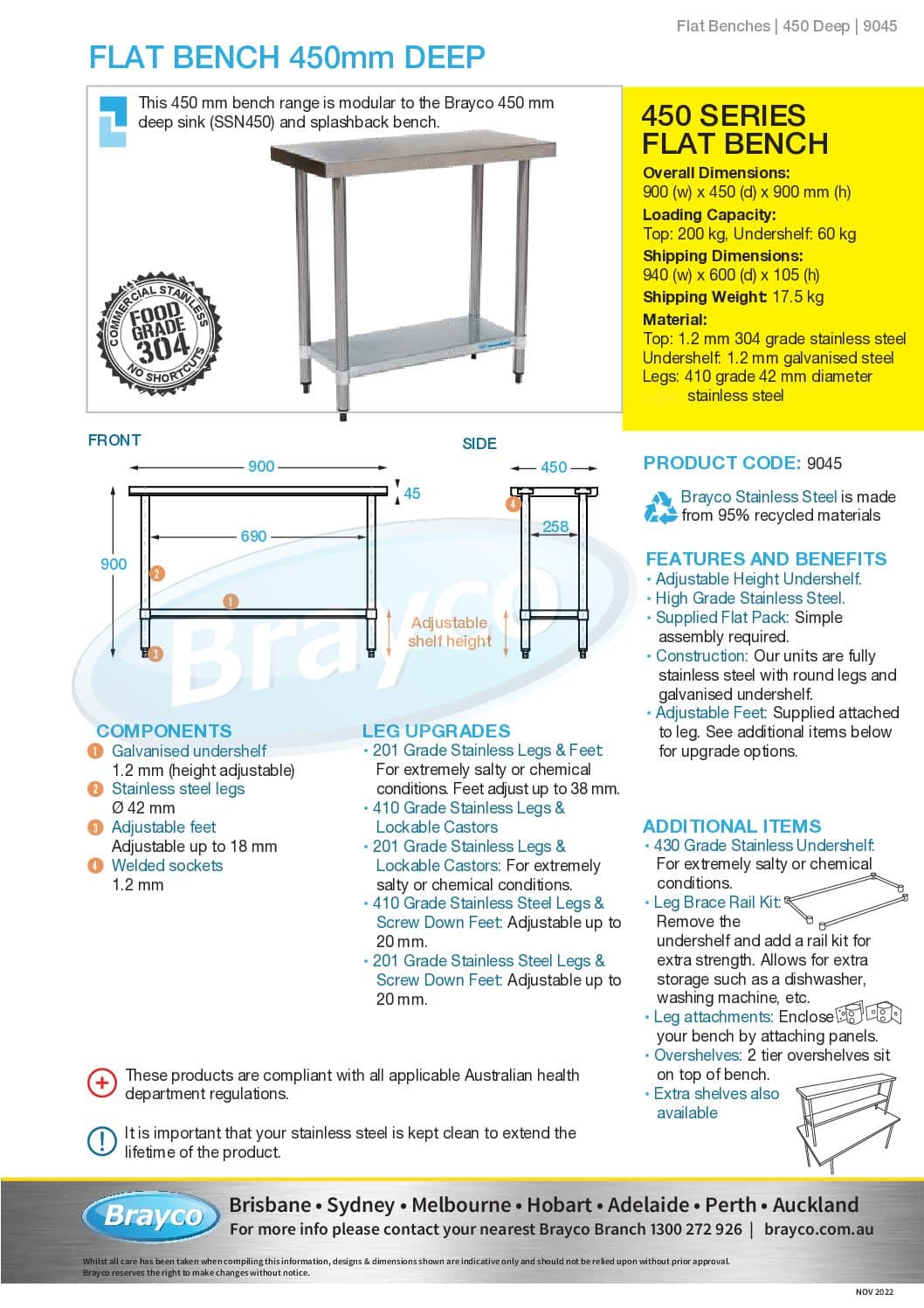 Commercial Grade Stainless Steel Flat Bench 900 x 450 x 900mm high ...