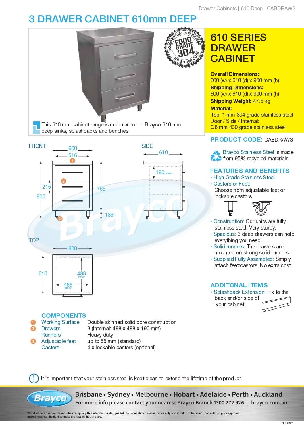 3 Drawer Commercial Kitchen Cabinet, 600 x 610 x 900mm high - Brayco ...