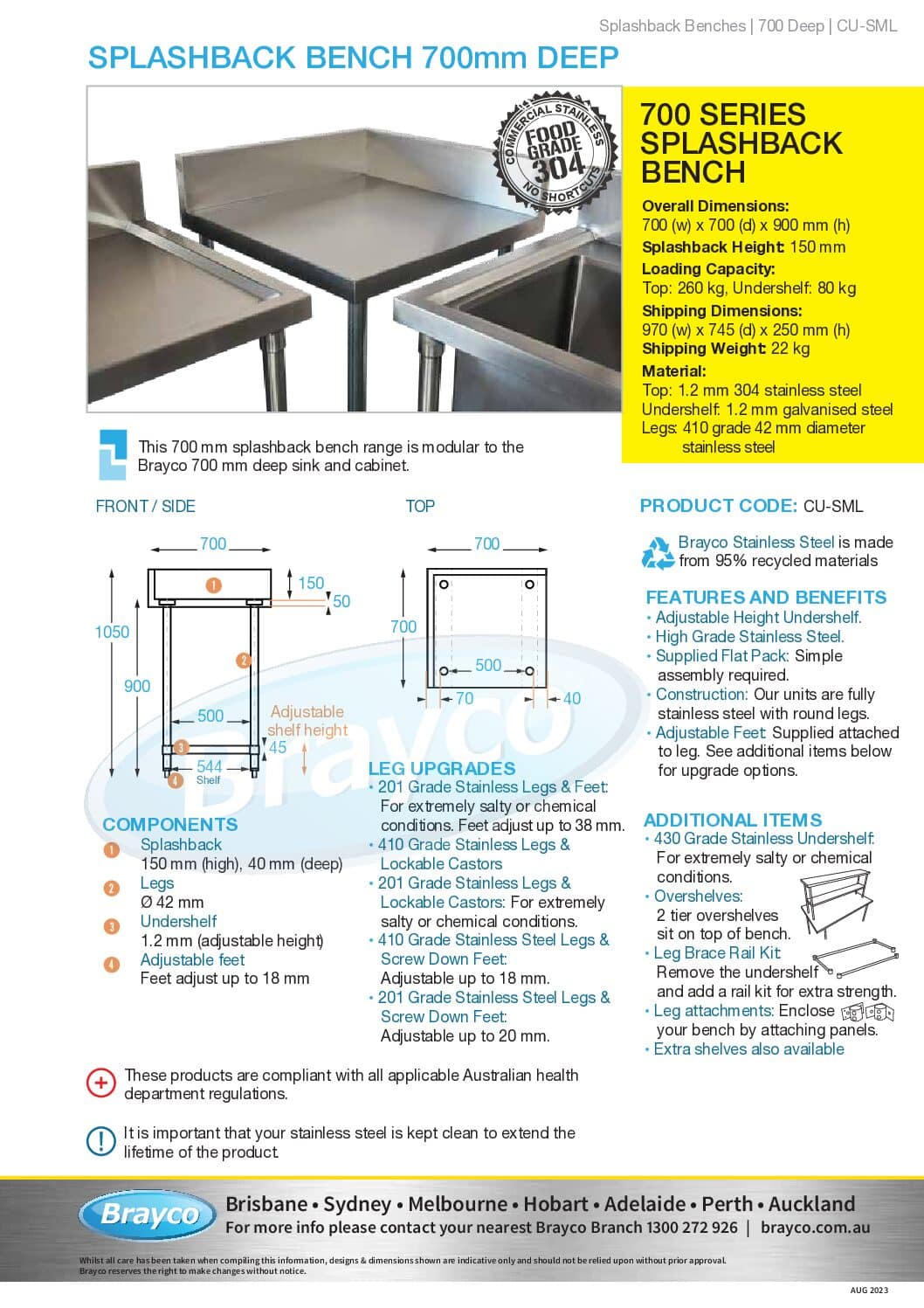 Commercial Grade Stainless Steel Corner 700mm Splashback Bench, 700 x ...