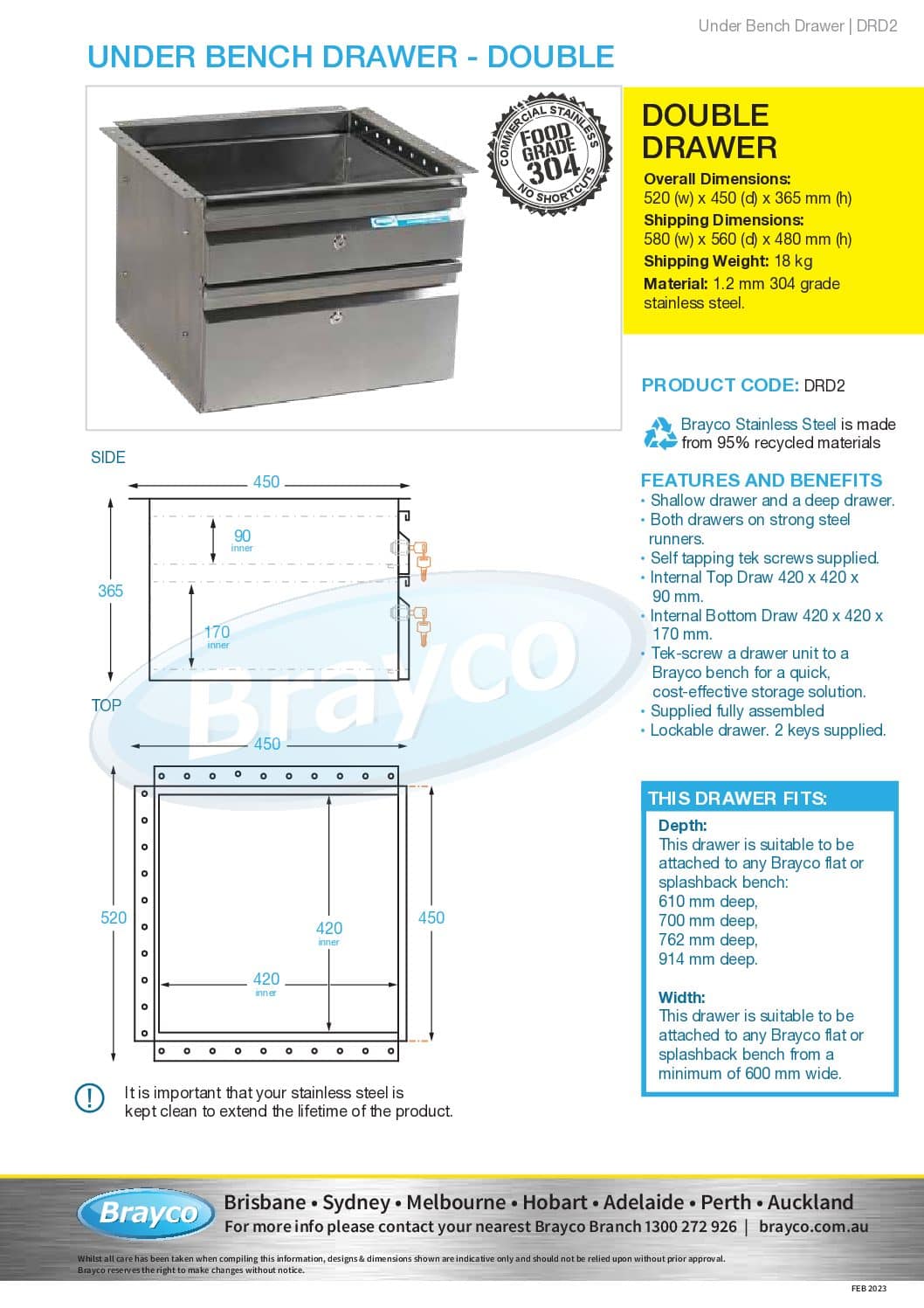Double Underbench Drawers for Stainless Benches - Brayco Commercial Pty Ltd