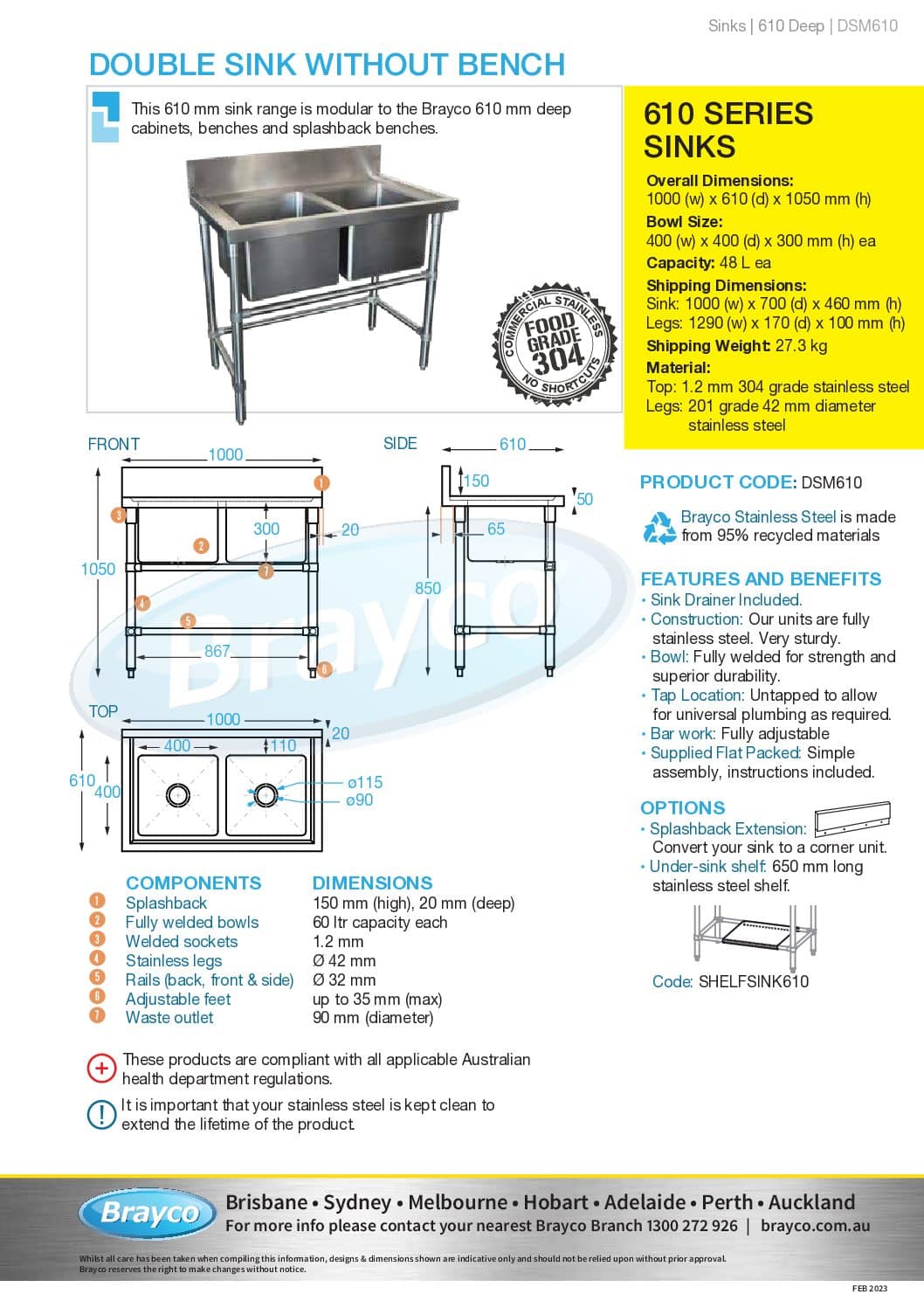 Double Stainless Steel Kitchen Sink, 1000 x 610 x 900mm high - Brayco ...
