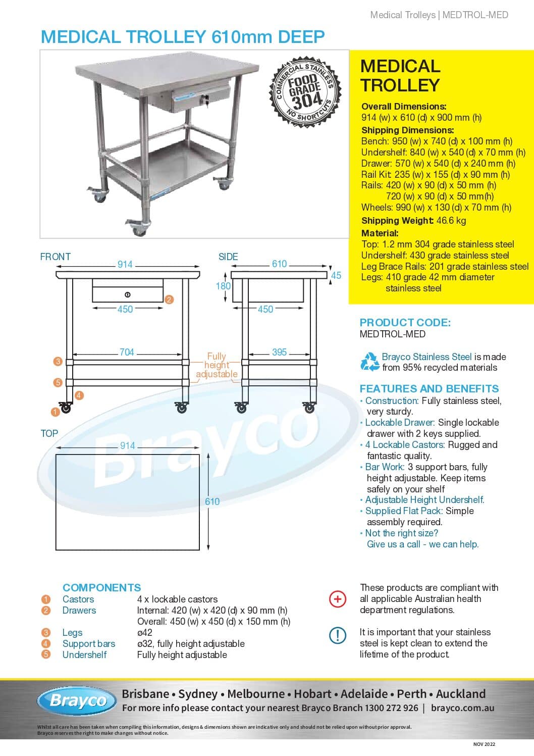 Commercial Grade Stainless Steel Medical Trolley, 762 x 762 x 900mm ...
