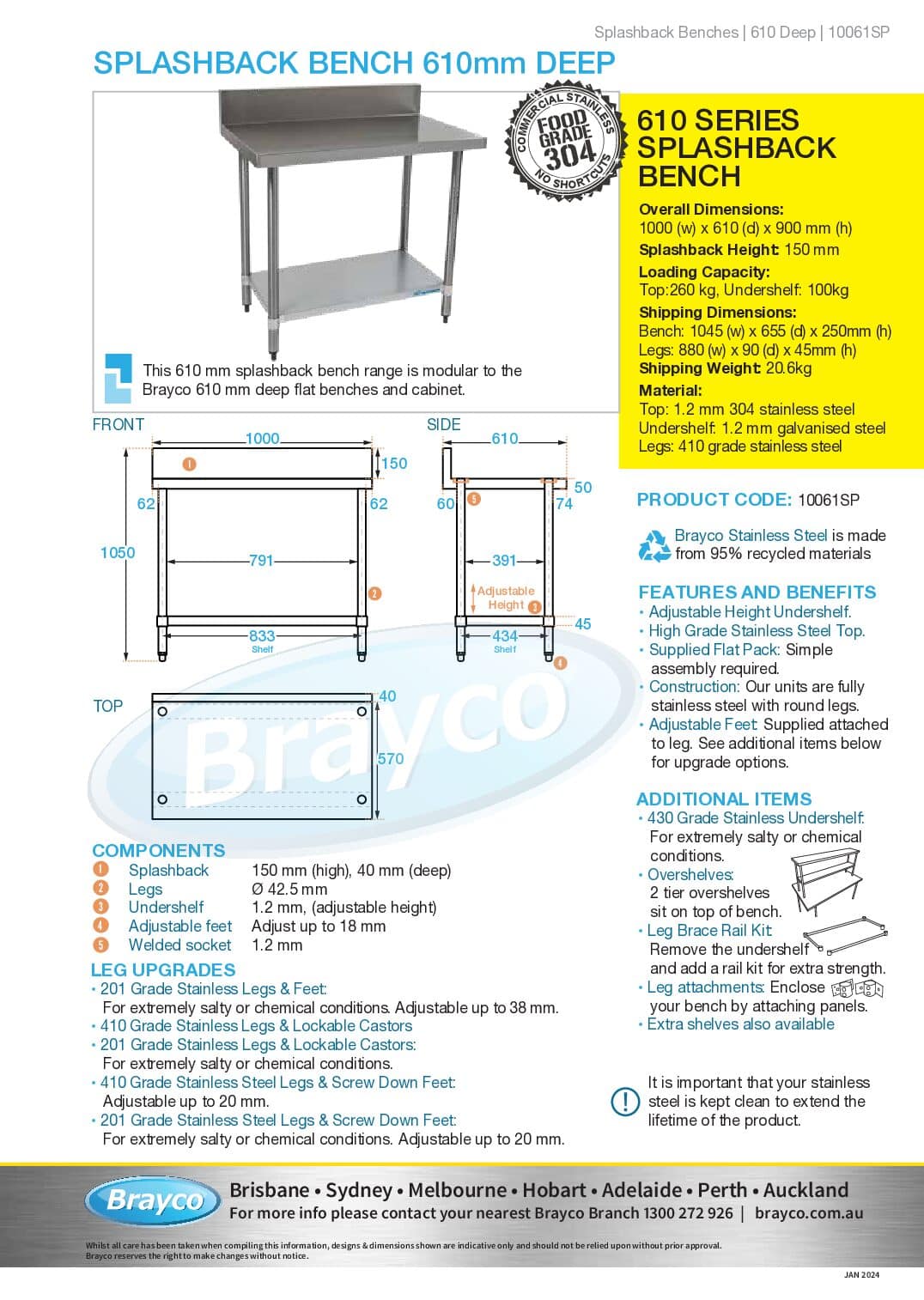 Commercial 304 Grade Stainless Steel Splashback Bench, 1000 x 610 x ...