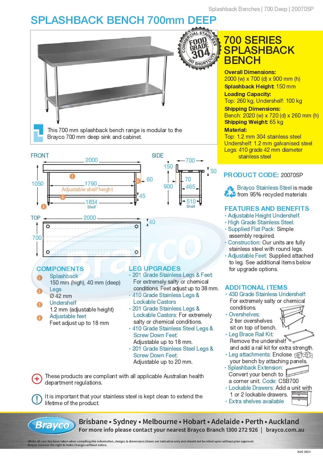 Commercial 304 Grade Stainless Steel Splashback Bench, 2000 x 700 x ...