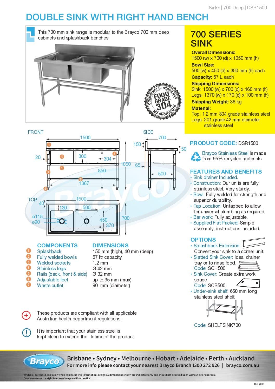 Double Bowl Stainless Restaurant Sink - Right Bench, 1500 x 700 x 900mm ...