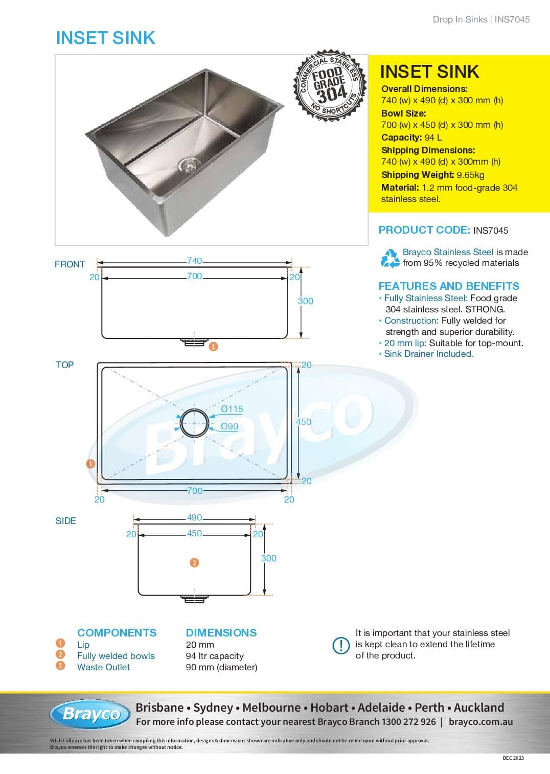 Large Inset Bowl Stainless Steel 94Lt 700 x 450mm sink - Brayco ...