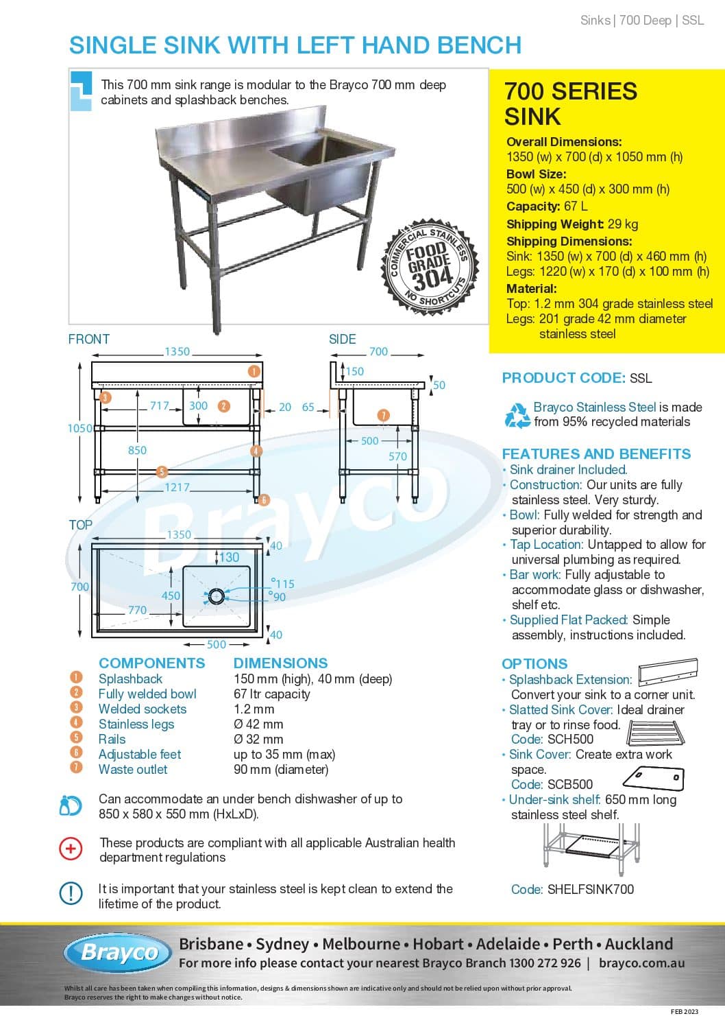 Stainless Sink - Left Bench, 1350 x 700 x 900mm high - Brayco ...