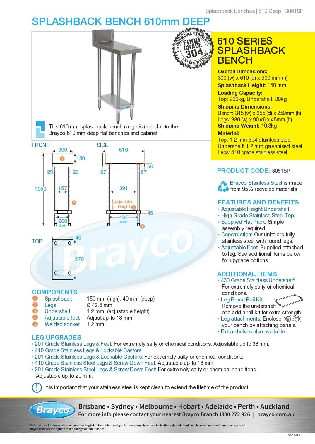 Commercial 304 Grade Stainless Steel Splashback Bench, 300 x 610 x ...