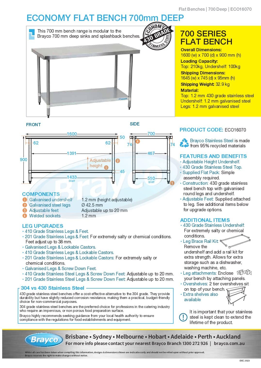 Economy 430 Grade Stainless Steel Flat Bench 1600 x 700 x 900mm high ...