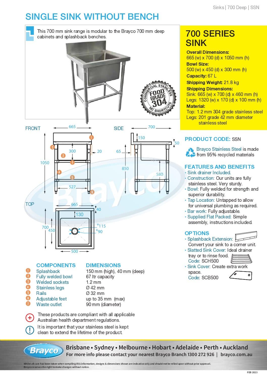 Stainless Restaurant Sink, 665 x 700 x 900mm high - Brayco Commercial ...