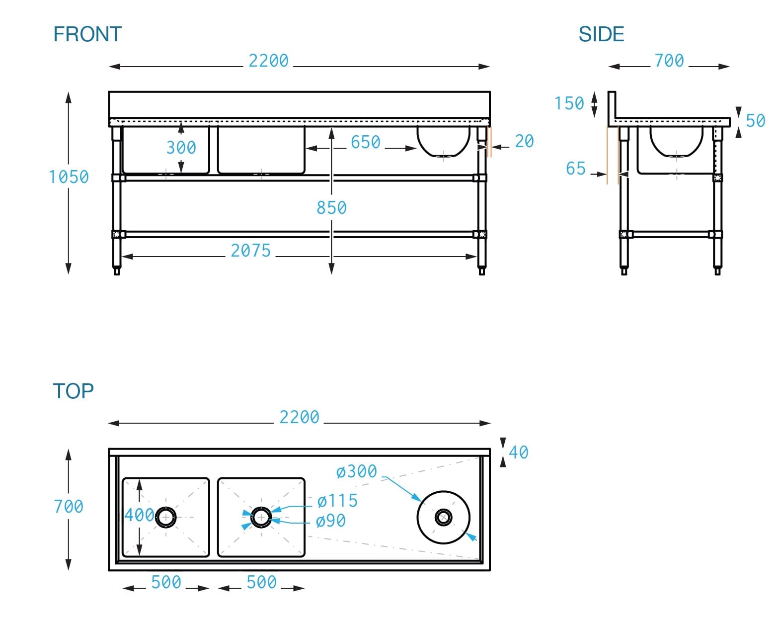 Double Bowl Stainless Kitchen Sink With Handbasin, 2200 x 700 x 900mm ...