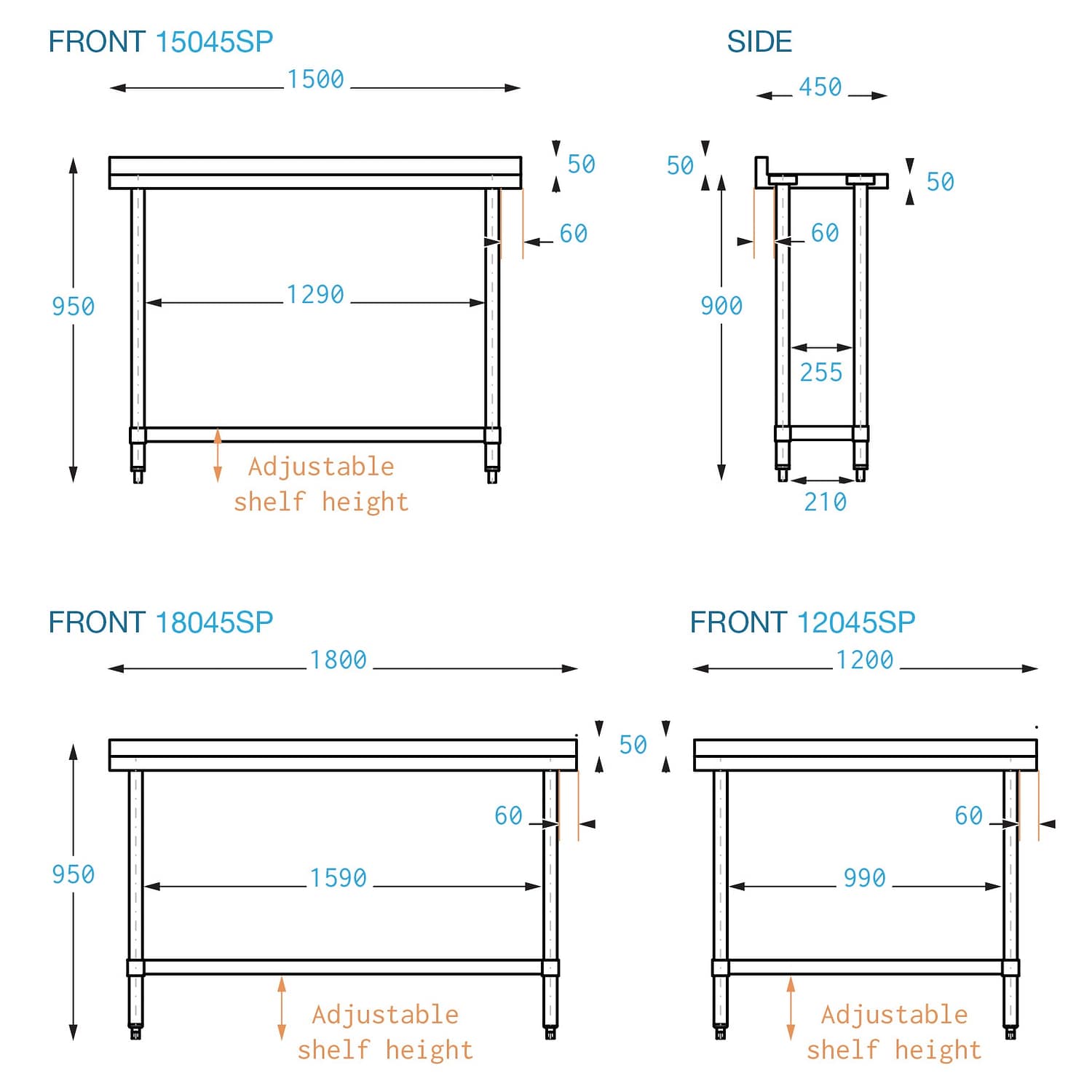 Commercial Grade Stainless Steel Narrow Splashback Bench, 1800 X 450 x ...