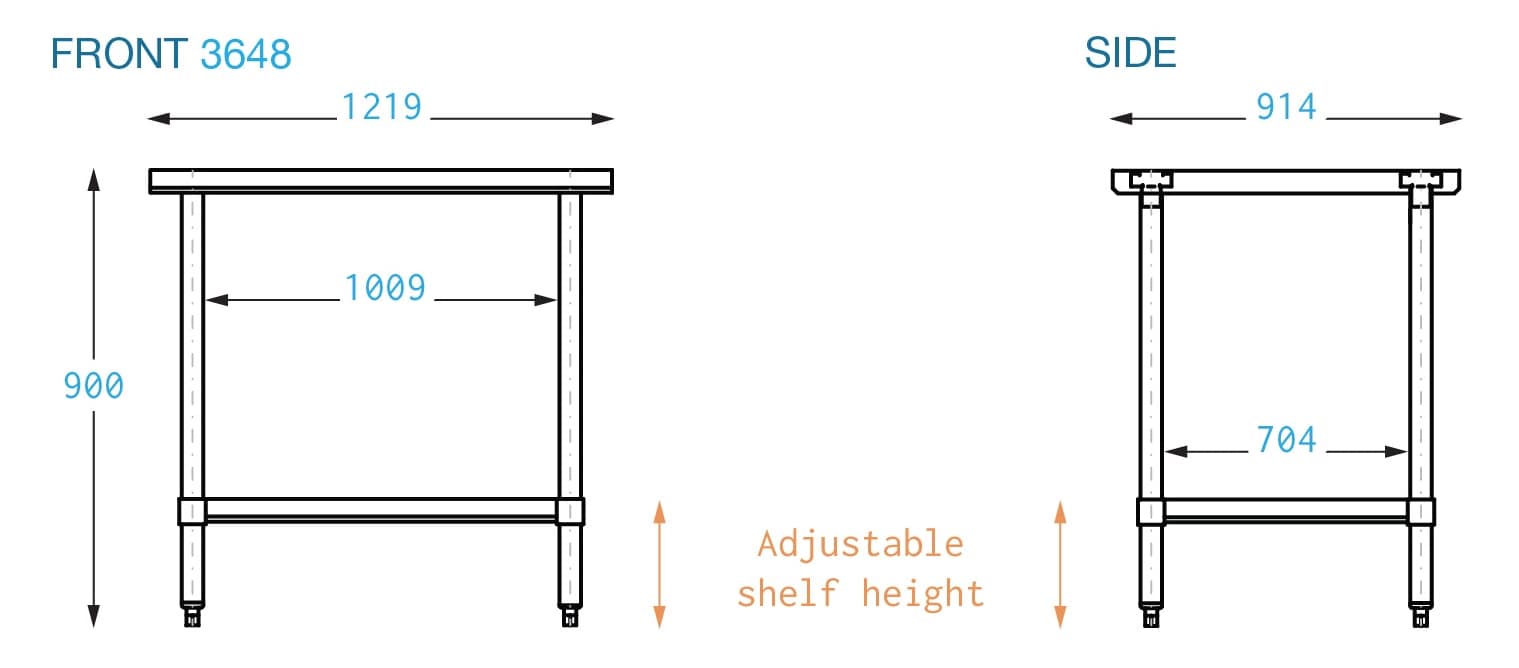 Commercial Grade Stainless Steel Wide Bench, 1219 x 914 x 900mm high ...