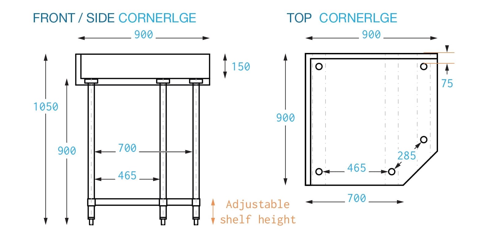Commercial Grade Stainless Steel Corner 900mm Splashback Bench, 900 x ...