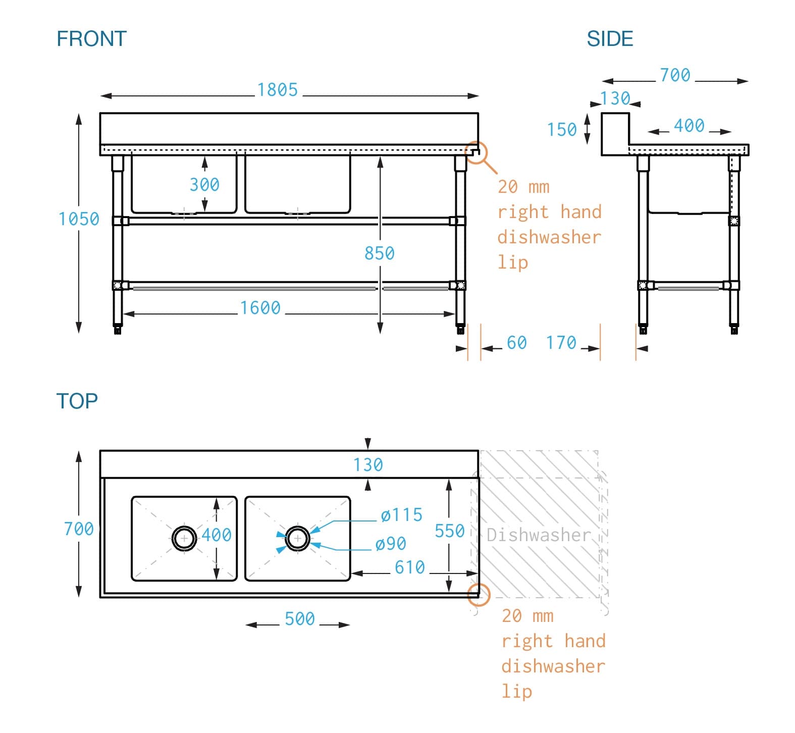 Stainless Double Sink Dishwasher Inlet Bench, Left Configuration 1800 x ...