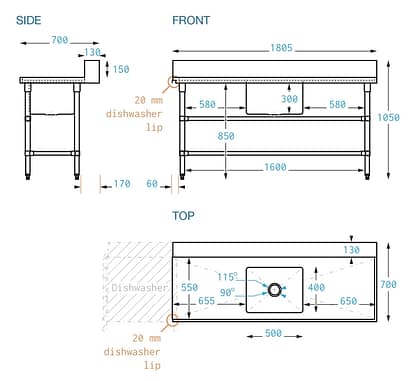 Stainless Dishwasher Inlet Bench, Right Configuration. 1800 x 700 x ...