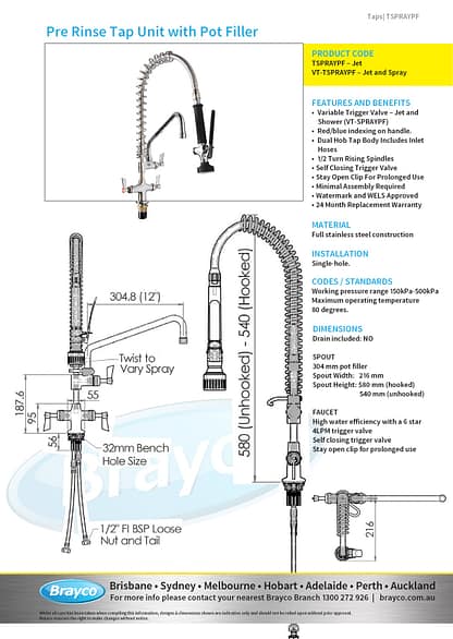 Pre Rinse Unit with Tap, Variable Trigger - Brayco Commercial Pty Ltd