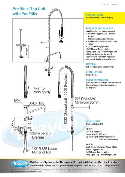 Commercial Tap Pre Rinse Unit, Variable Trigger - Brayco Commercial Pty Ltd